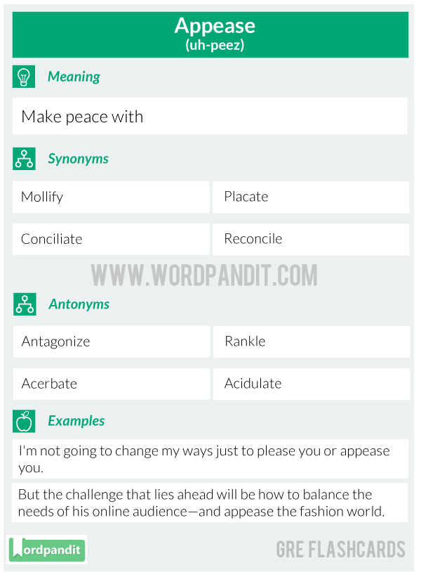 Appease GRE Vocabulary Flashcard - Wordpandit