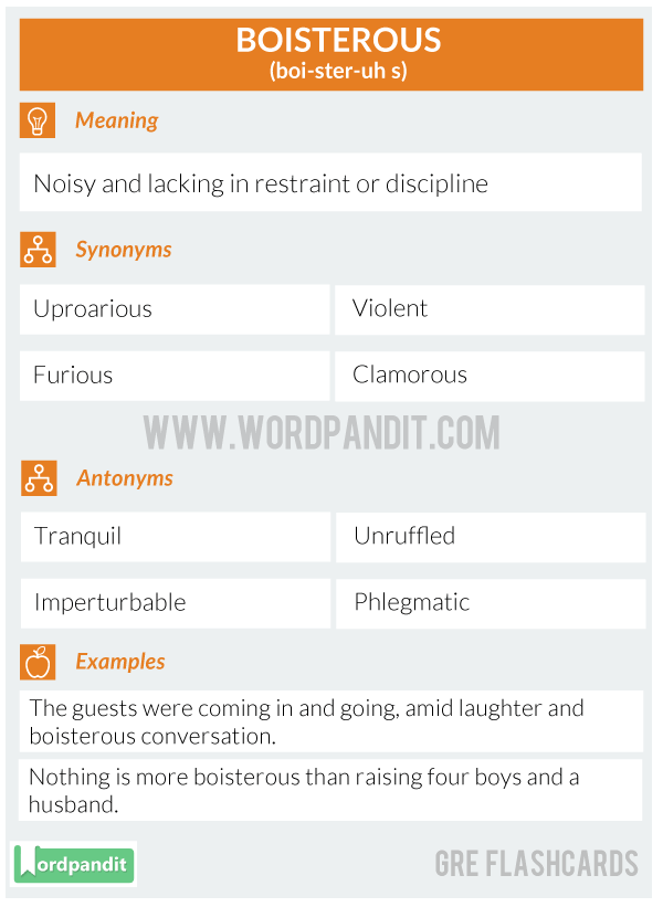 Boisterous Gre Vocabulary Flashcard | Wordpandit